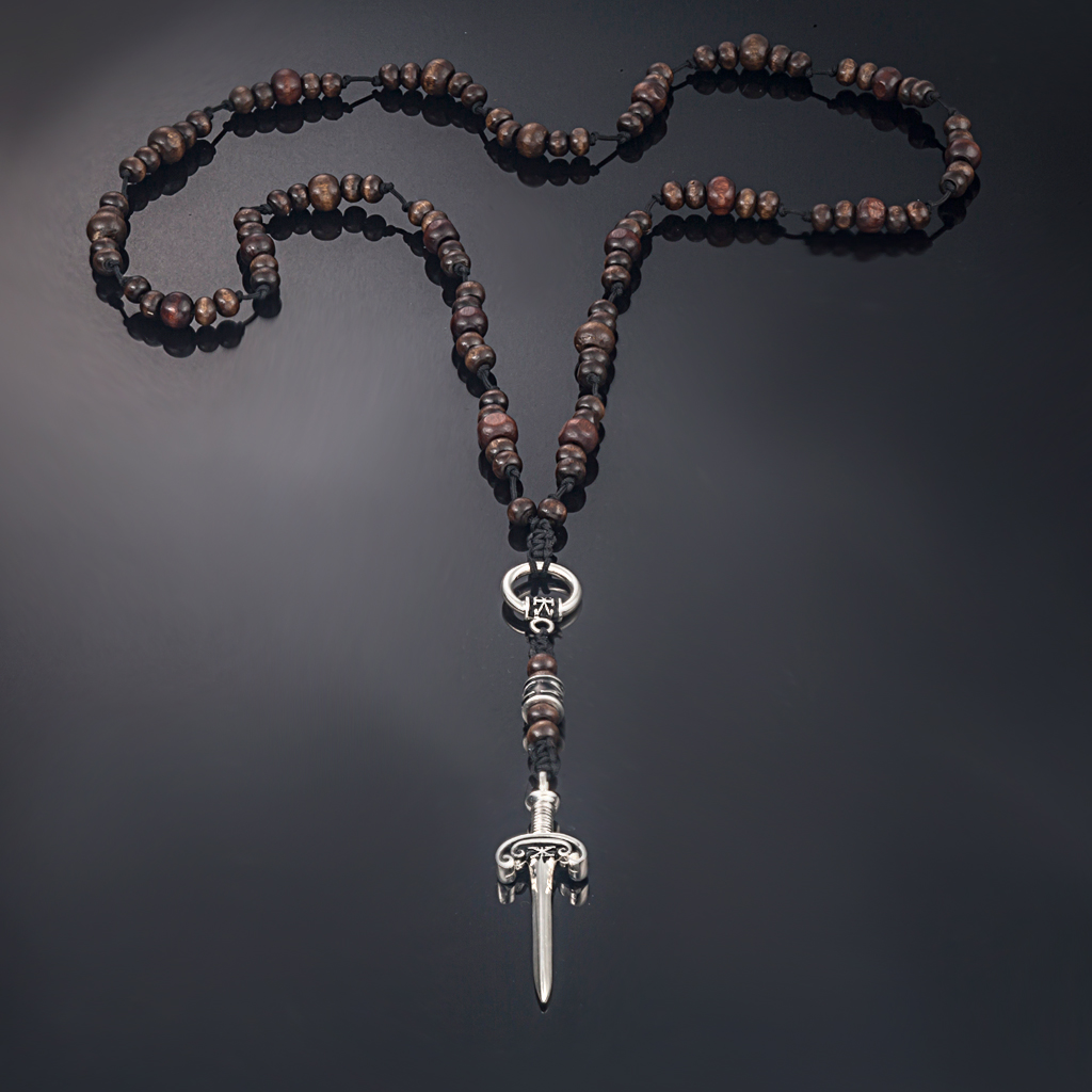 Sterling Silver Excalibur Sword, Wooden Bead Necklace - axionjewelry.gr